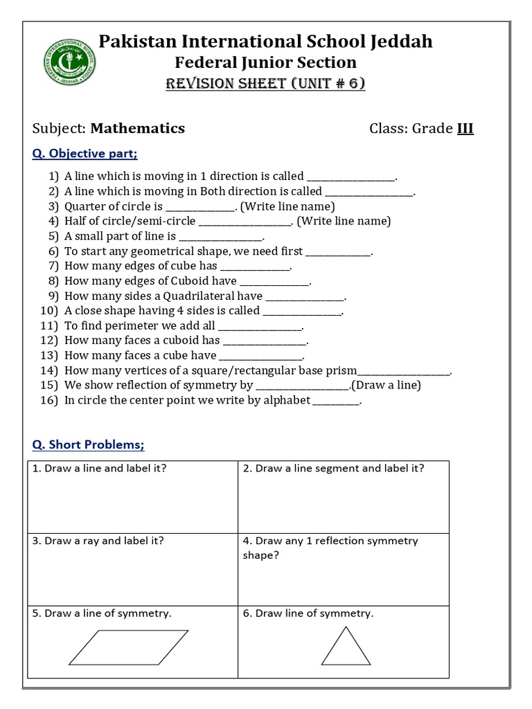 Revision Worksheet Mathematics (Unit - 6) | PDF