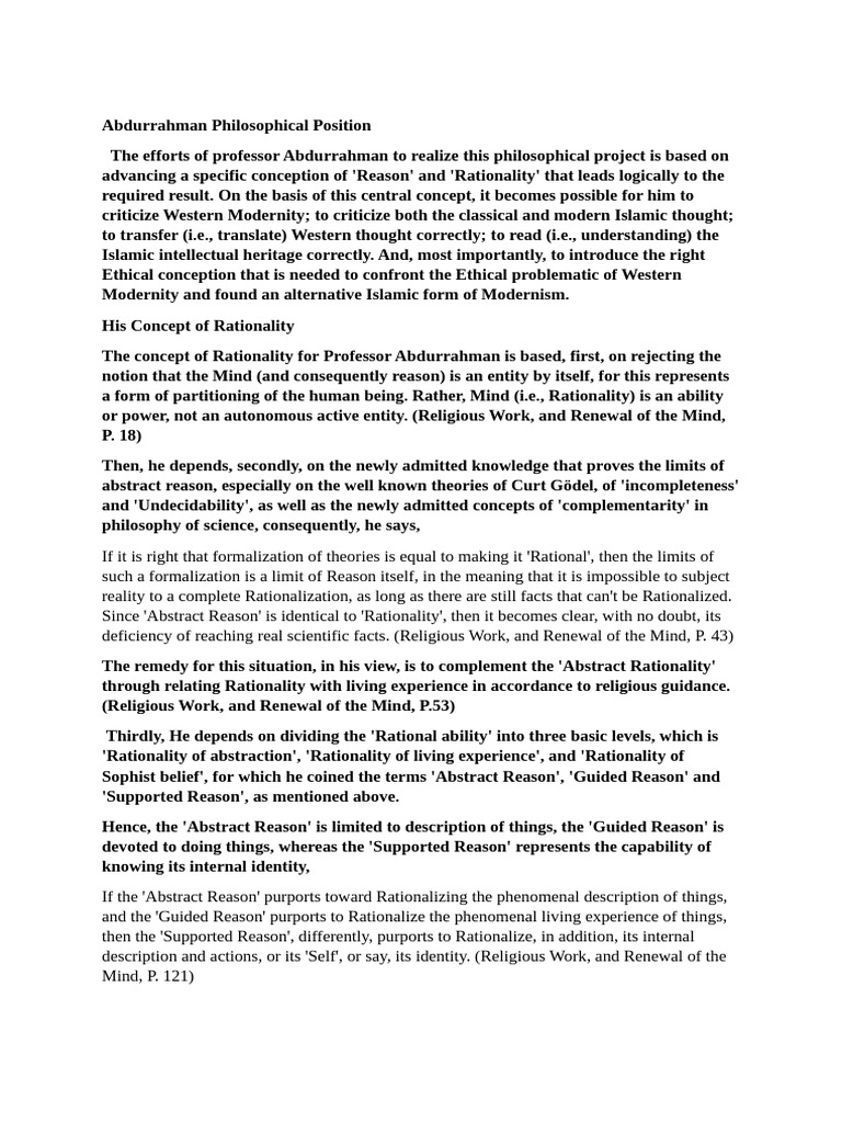 Abdurrahman Philosophical Position | PDF | Reason | Concept