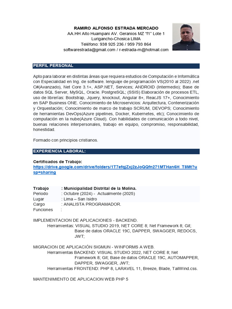 CV_ESTRADA_MERCADO_Ramiro FL | PDF | Servidor SQL de Microsoft | J Query