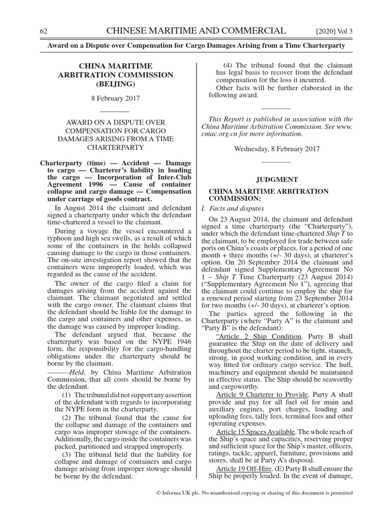 Chinese Maritime & Commercial Law Reports Award On A Dispute Over ...