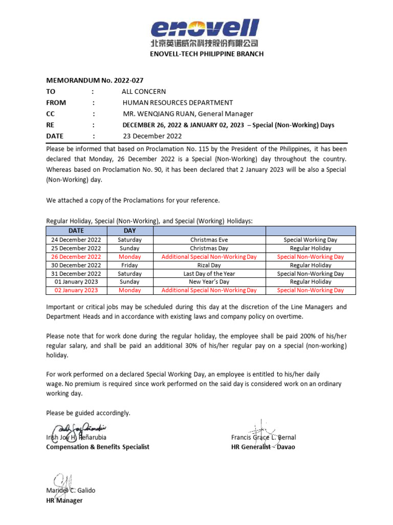 26 December 2022 and 02 January 2023 - Additional Special Non Working ...
