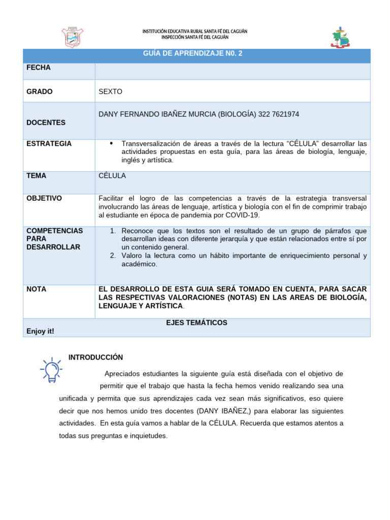 Guía de Aprendizaje: La Célula en Sexto | PDF | Biología Celular ...