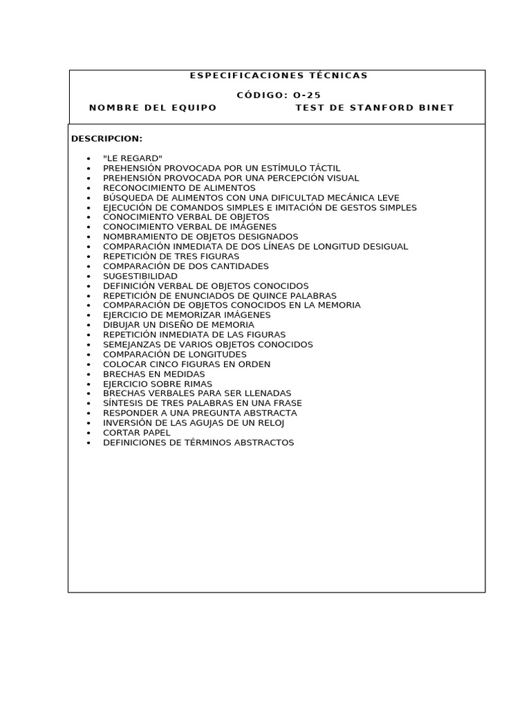 Especificaciones del Test Stanford-Binet | PDF