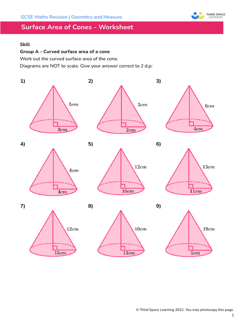 Third Space Learning Surface Area of Cones GCSE Worksheet | PDF | Area ...