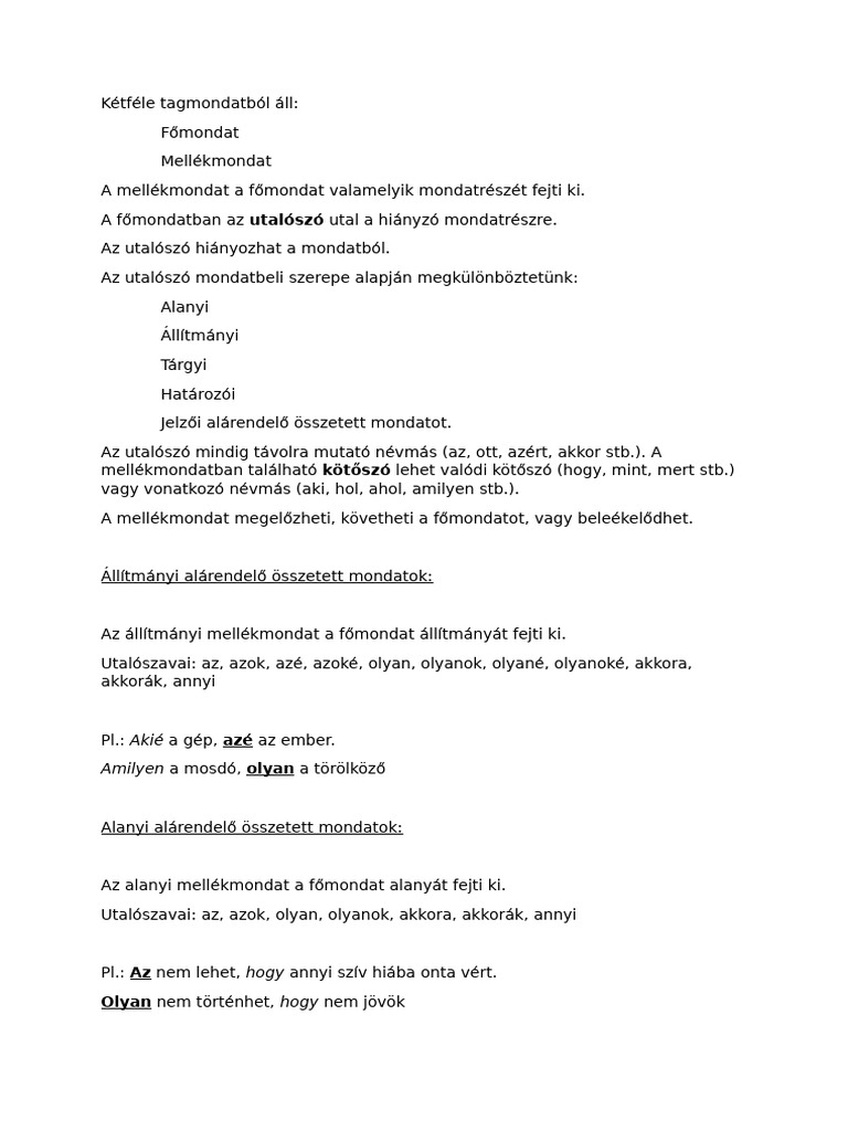 7.az Alárendelő Összetett Mondat | PDF