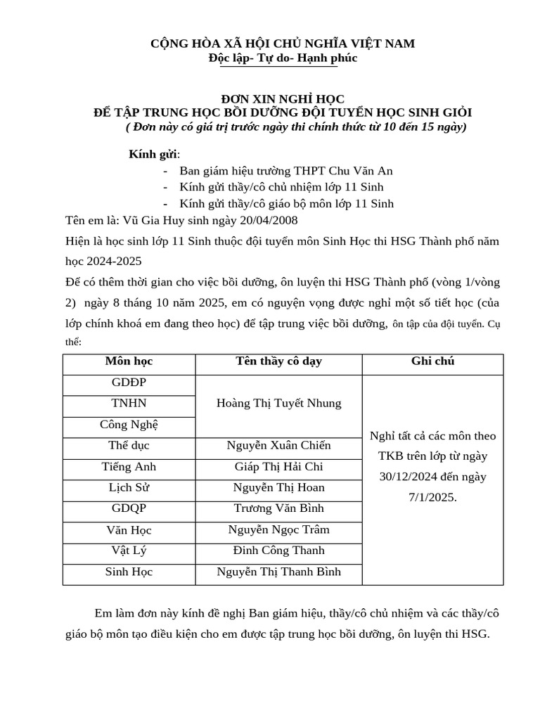 Đơn xin nghỉ học để ôn thi HSG | PDF