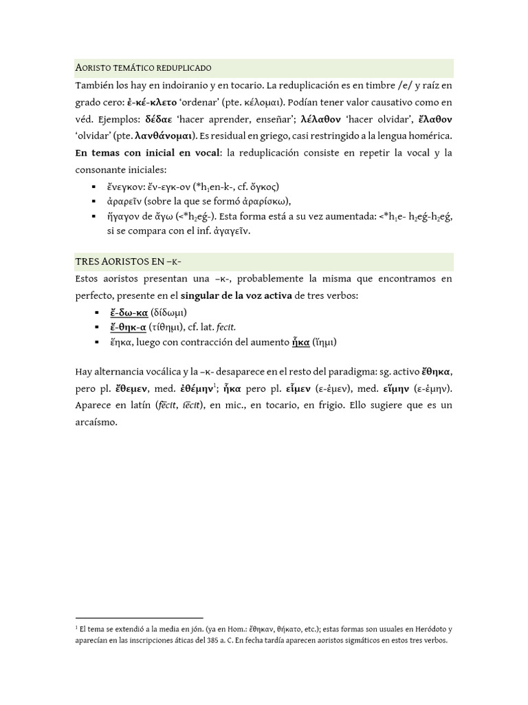 Aoristos irregulares a los 4 temas comunes | PDF