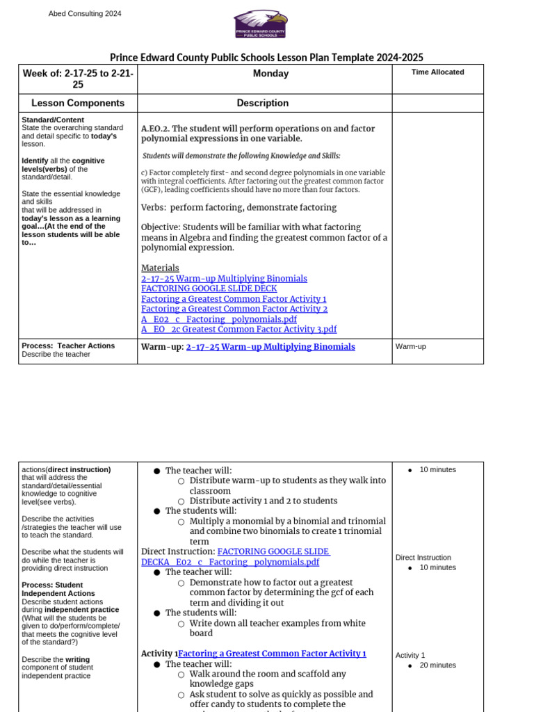 2024-2025 Lesson Plan: Factoring Polynomials | PDF | Factorization ...