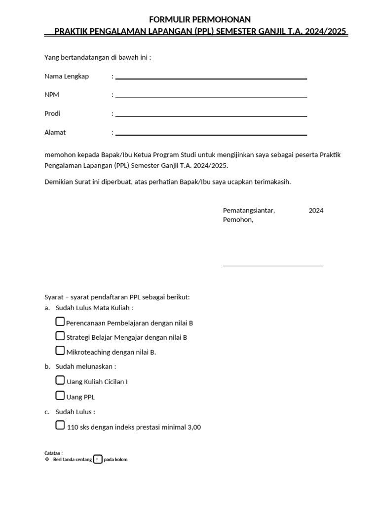 Formulir Permohonan PPL Sem Ganjil TA 2024 2025 | PDF