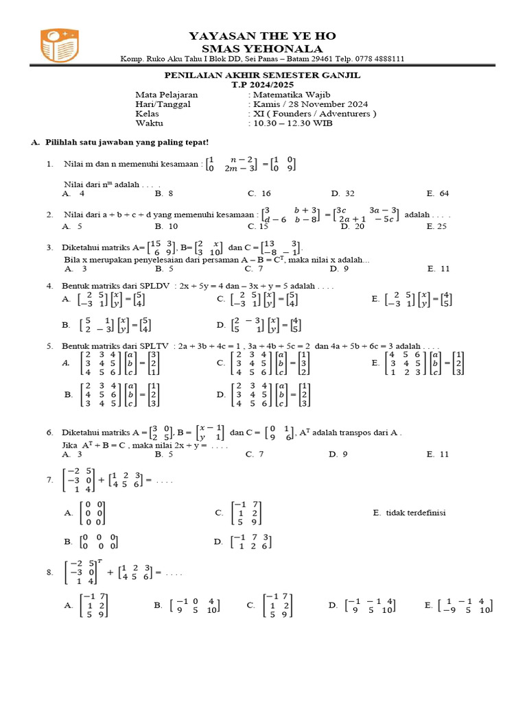 SOAL PAS XI MTK Sem Ganjil 2024 | PDF