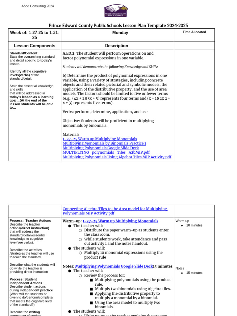 Eberly Algebra 1 Week 24 Lesson Plans | PDF | Algebra | Polynomial