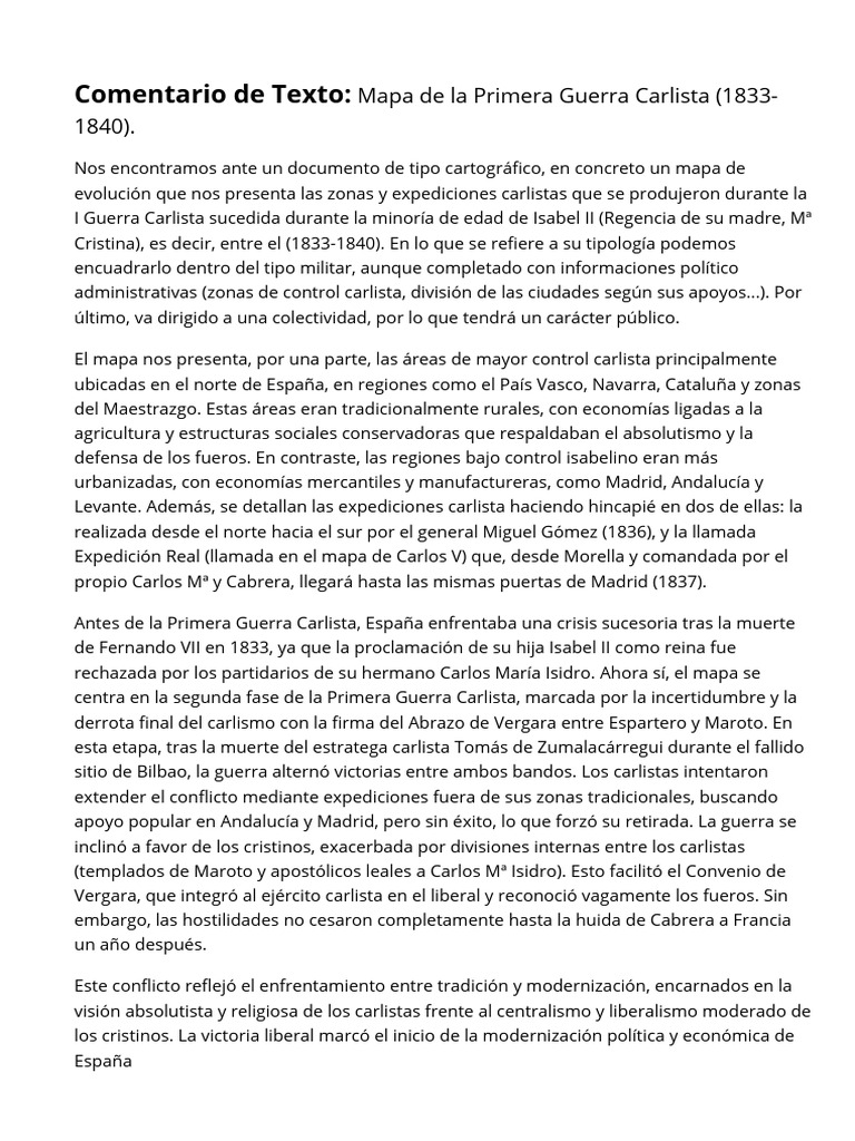 Comentario de Texto Mapa de La Primera Guerra Carlista | PDF | Gobierno de españa | España