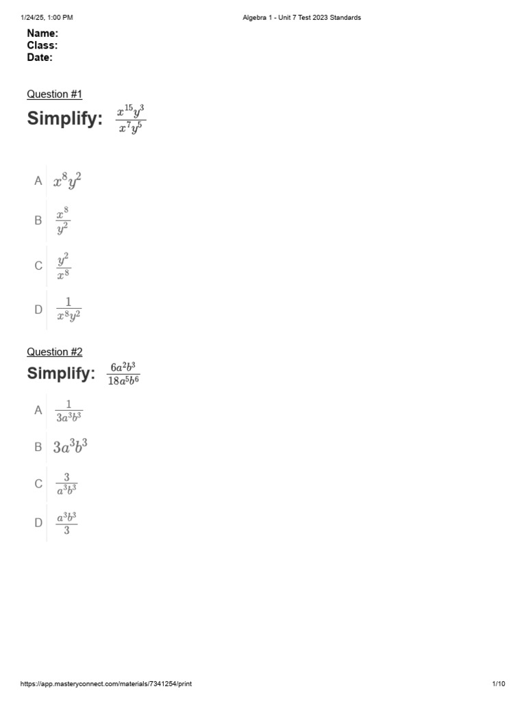 Algebra 1 Unit 7 Test Simplification | PDF | Mathematics | Algebra