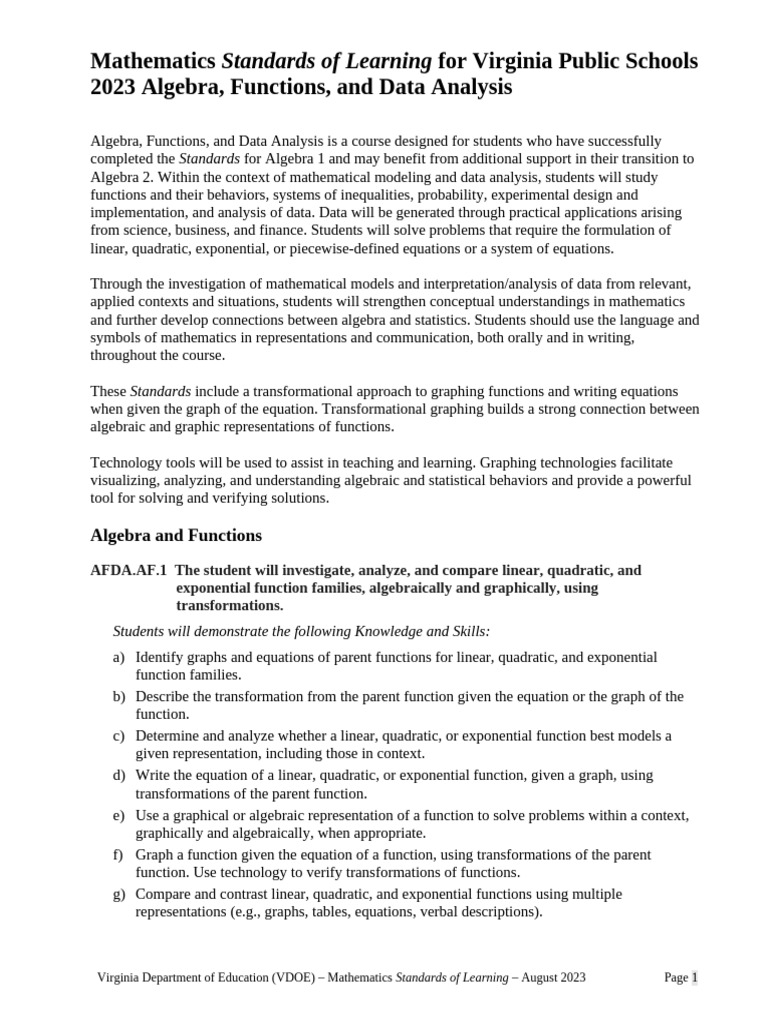 Virginia 2023 Algebra Functions Standards | PDF | Function (Mathematics ...