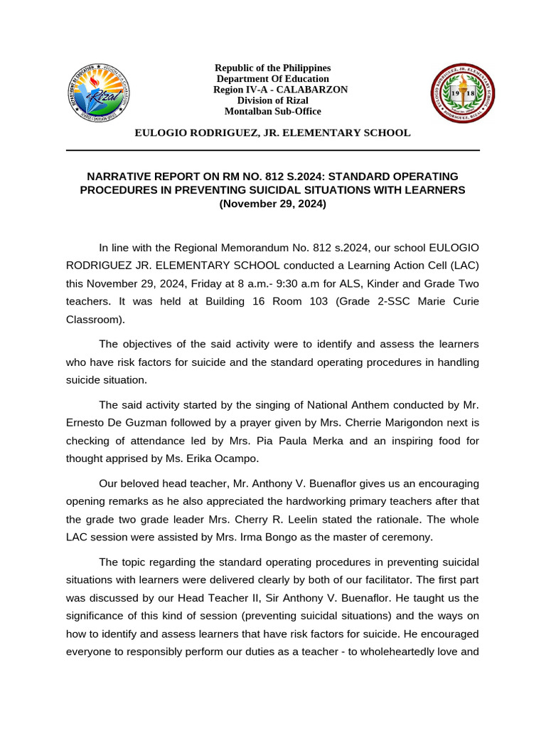 NARRATIVE REPORT-LAC RM. NO.812 S.2024-Grade2, Kinder and ALS | PDF ...