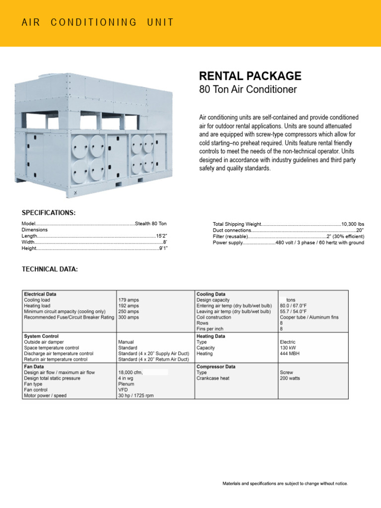 80 Ton AC Unit Spec Sheet | PDF | Air Conditioning | Electrical Engineering