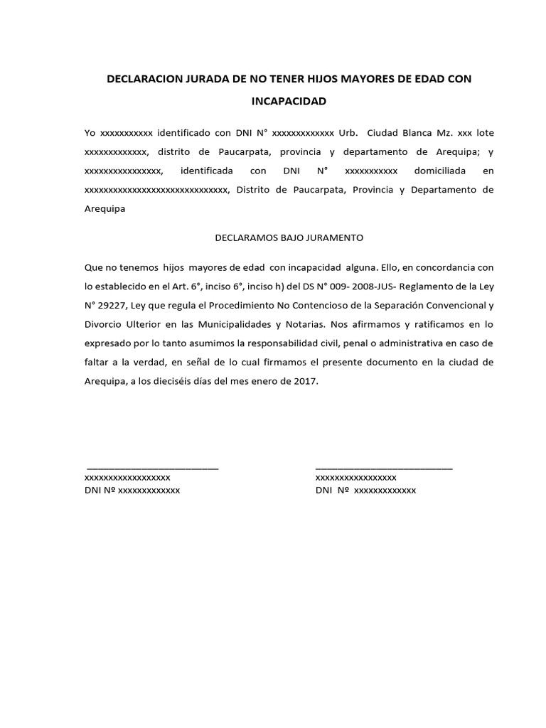 Declaracion Jurada de No Tener Hijos Mayores de Edad Con Incapacidad | PDF