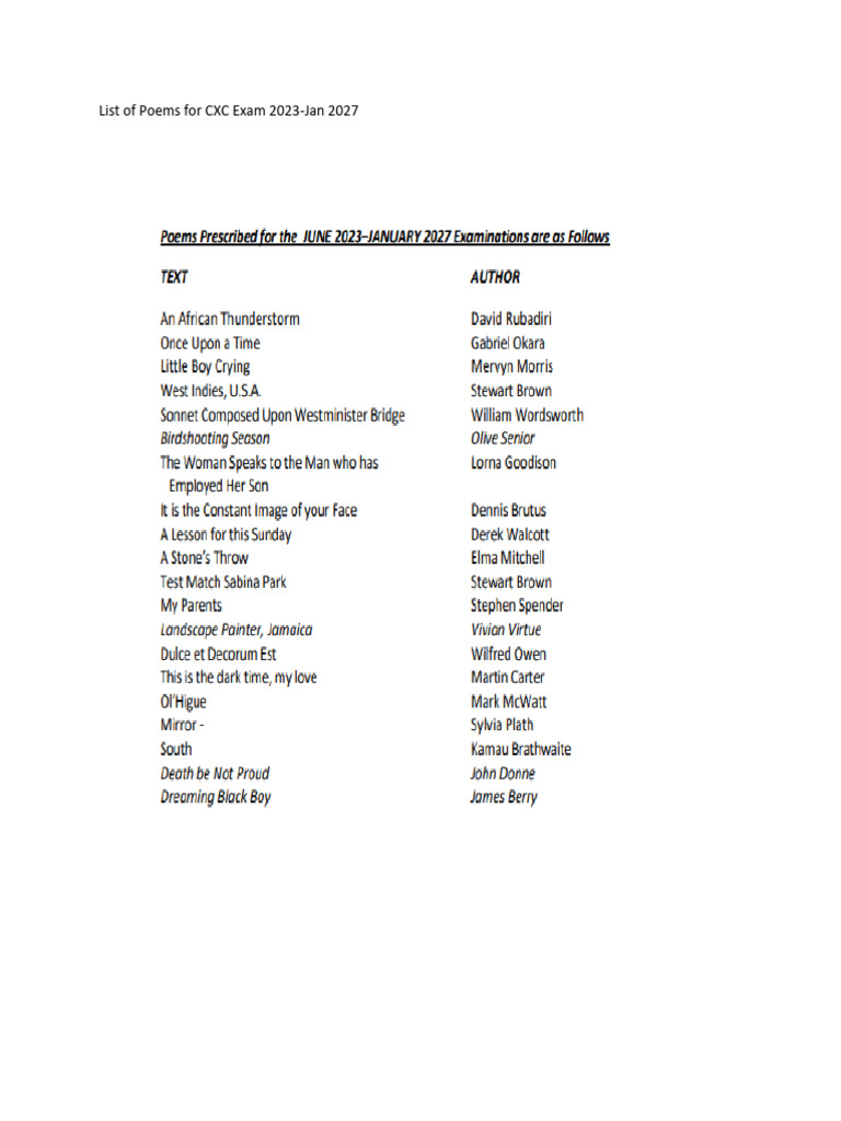 List of Poems For CXC Exam 2023 | PDF