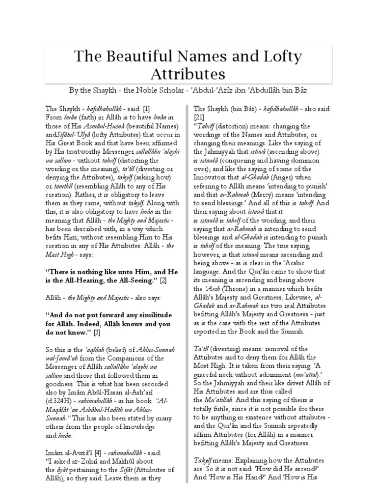 The Beautiful Names and Lofty Attributes - Shaikh 'Abdul-'Azîz Ibn ...