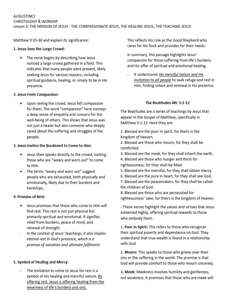 Mission of Jesus: Compassion and Healing | PDF | Beatitudes | Jesus