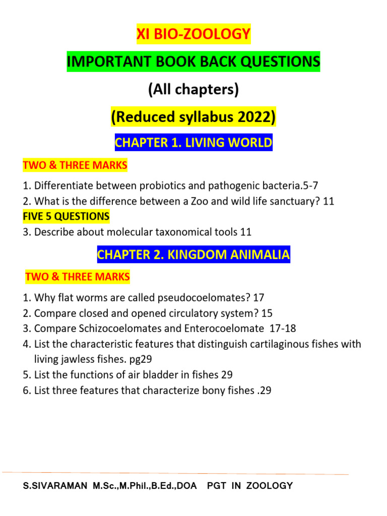 Class 11 Zoology Important Questions | PDF | Kidney | Organ (Anatomy)