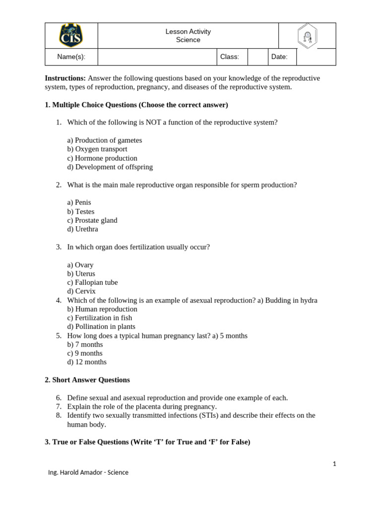 Reproductive System Quiz and Activities | PDF