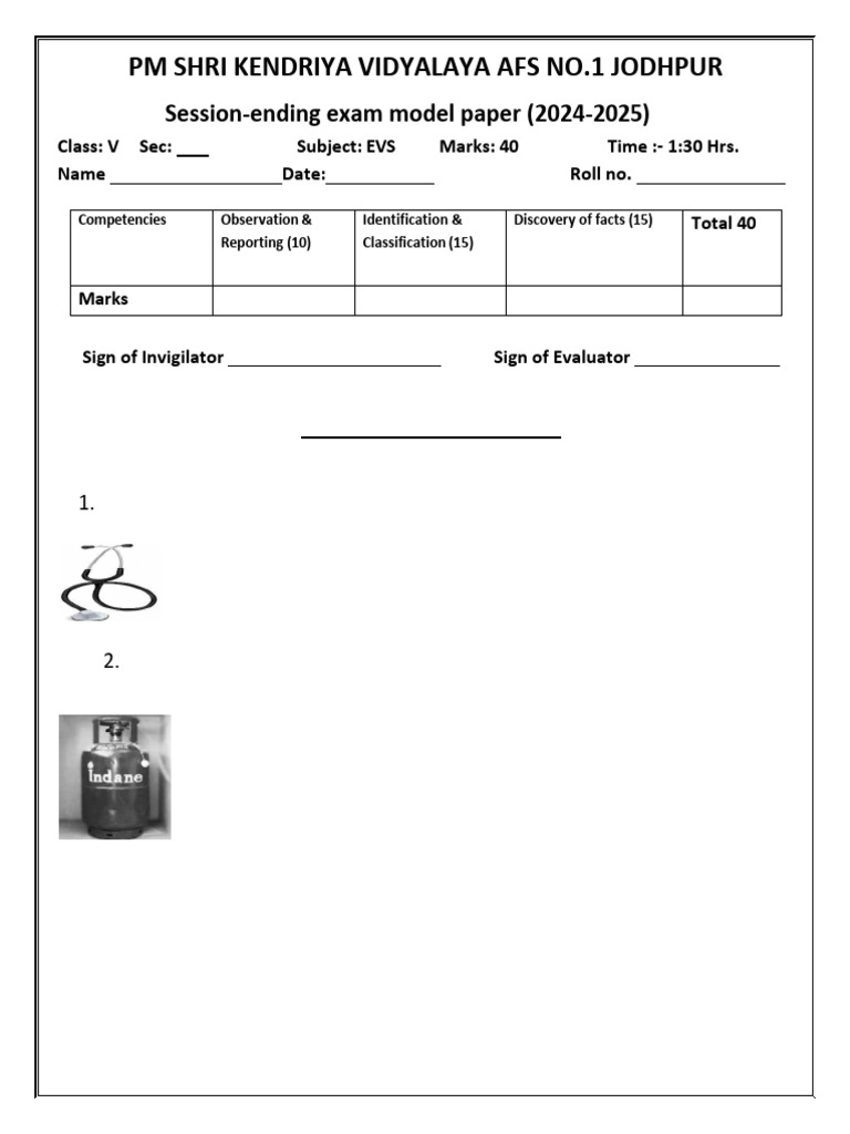 Class 5 EVS Exam Model Paper 2024-25 | PDF