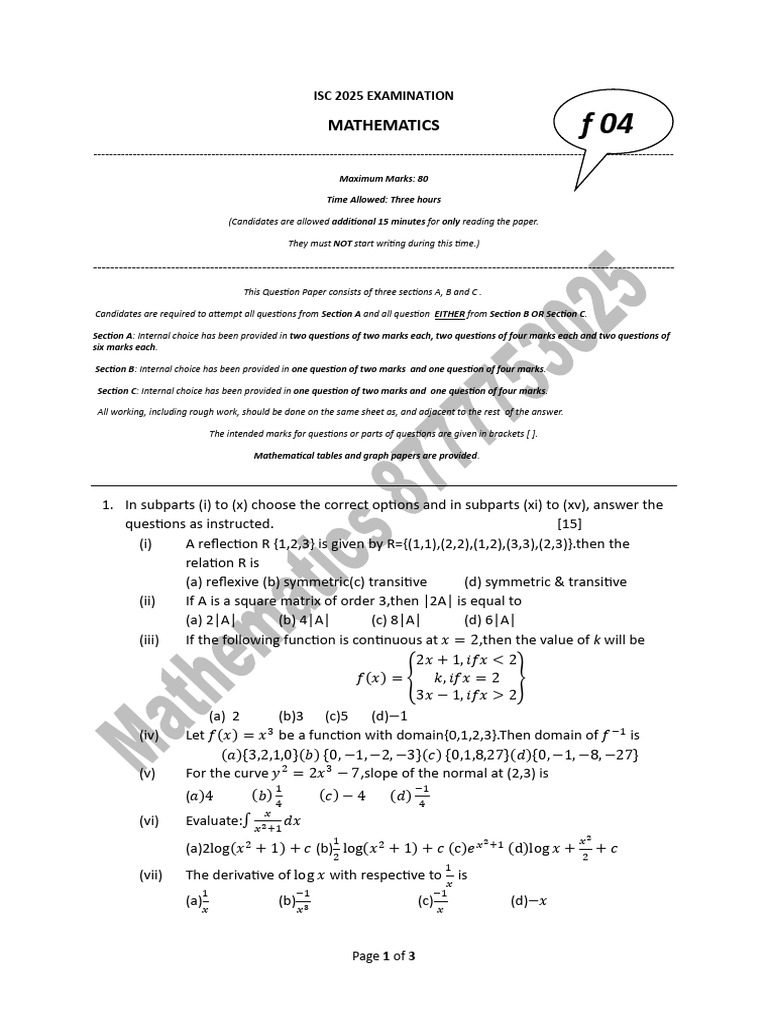 ISC 2025 EXAMINATION -F4 | PDF | Algebra | Applied Mathematics