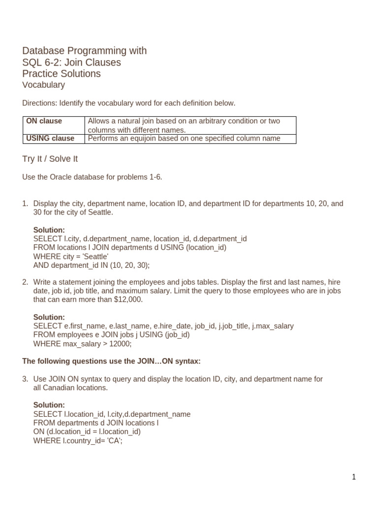 SQL Join Clauses Practice Solutions | PDF