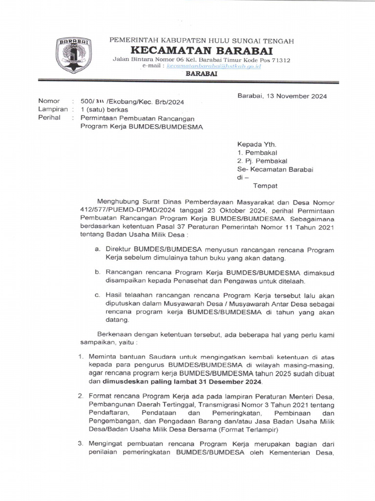 Surat Permintaan Pembuatan Rancangan Program Kerja BUMDES-BUMDESMA | PDF