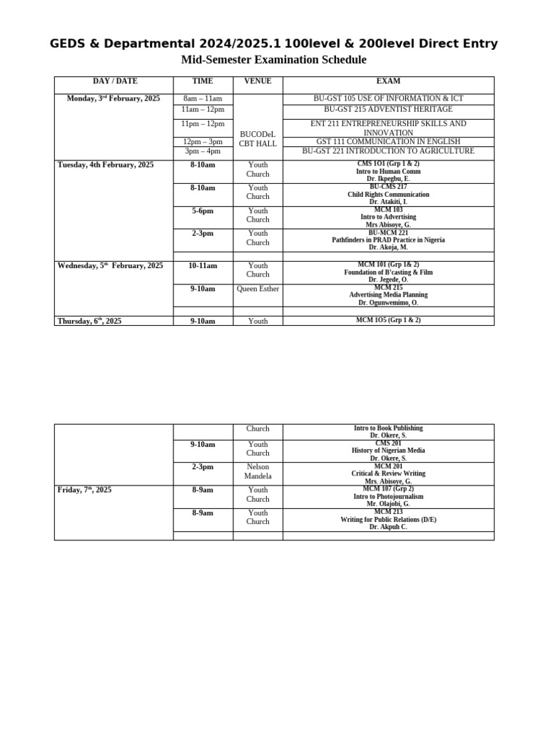 100 Level and de Mid Semester Exam Schedule 2024-2025 - 041734 | PDF
