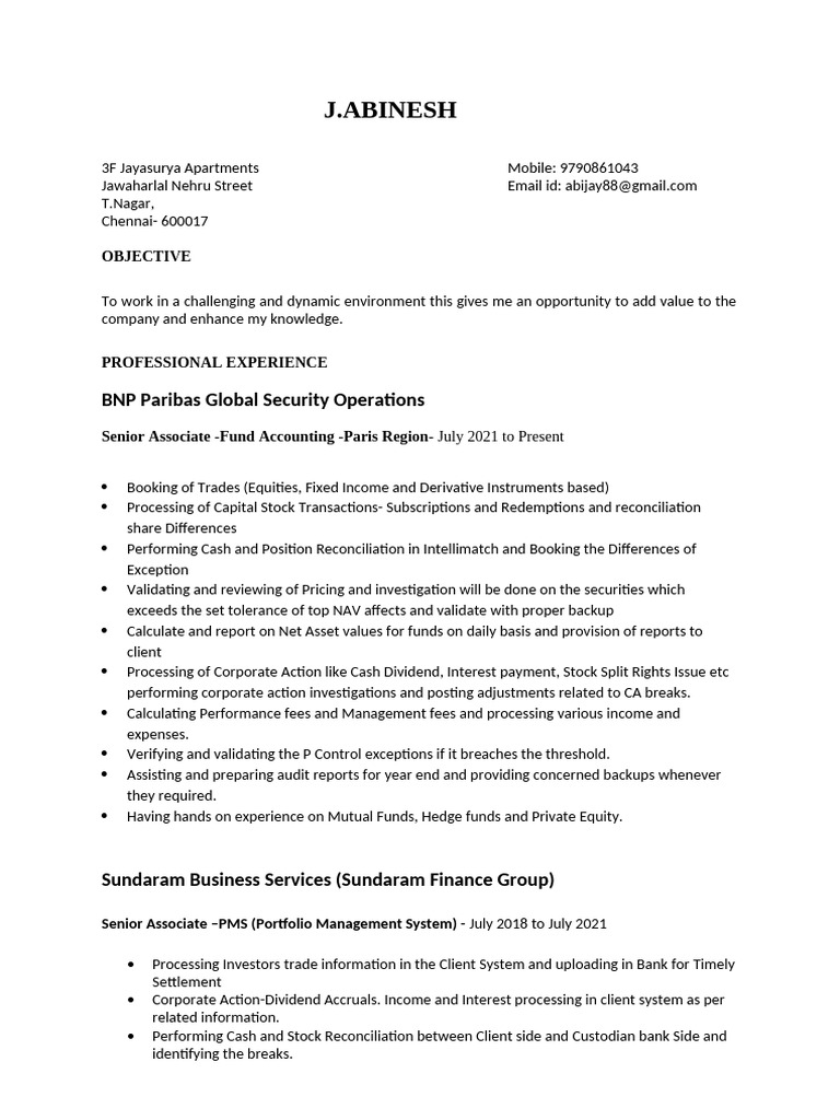 Abinesh Resume-Fund Accounting | PDF | Stocks | Economies