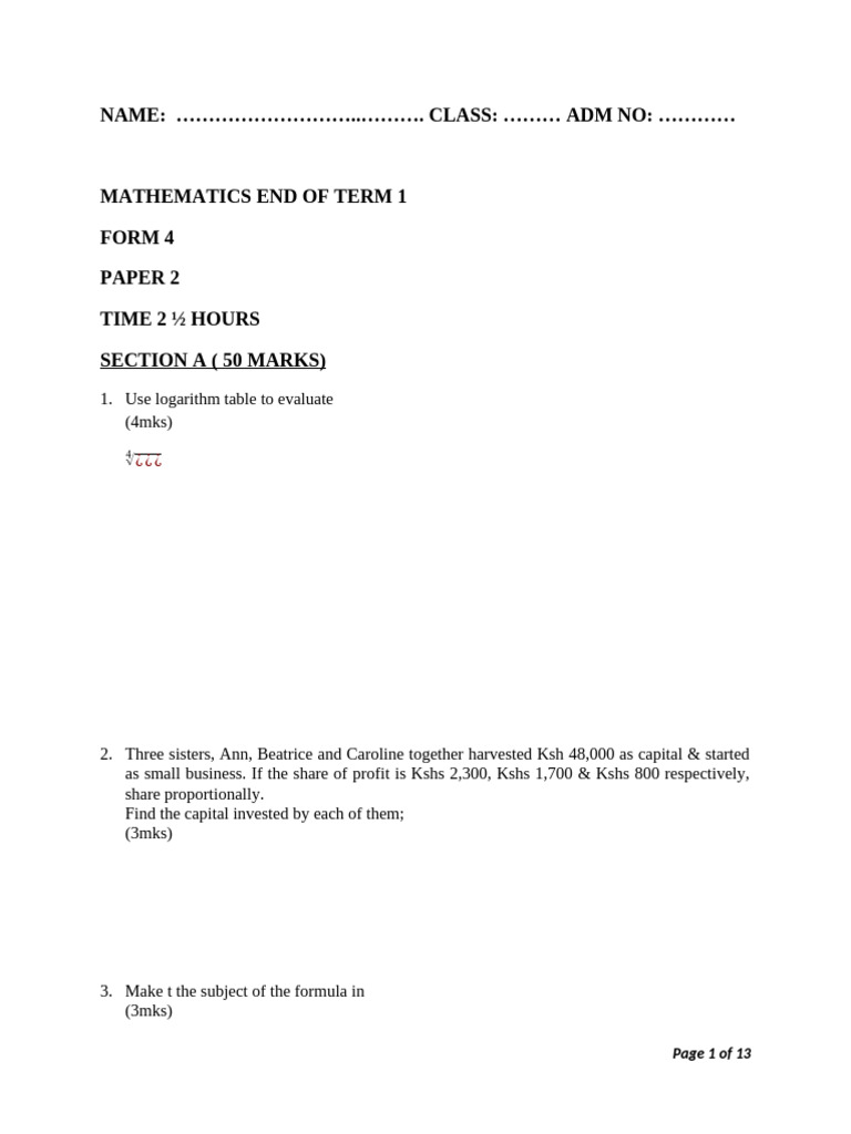 MATHS PP2 Form 4 End Term 1 Exam 2021 Teacher - Co - .Ke | PDF | Circle | Matrix (Mathematics)