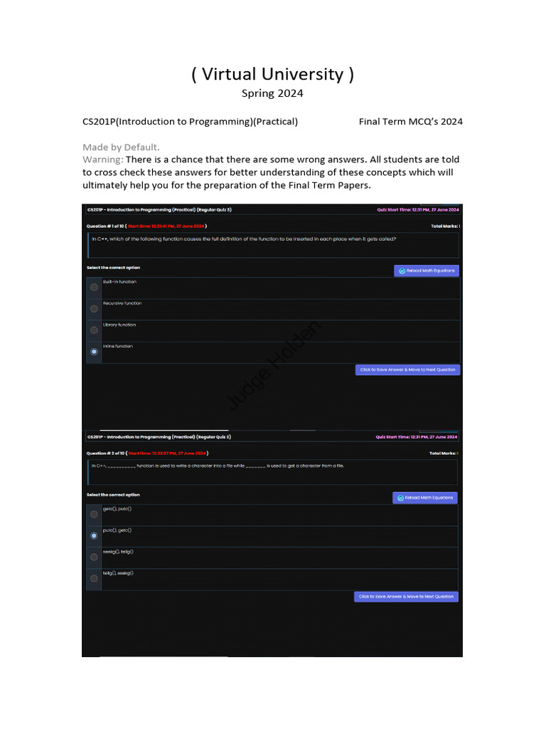 CS201P Final Term Srping 2024 Latest MCQ's | PDF