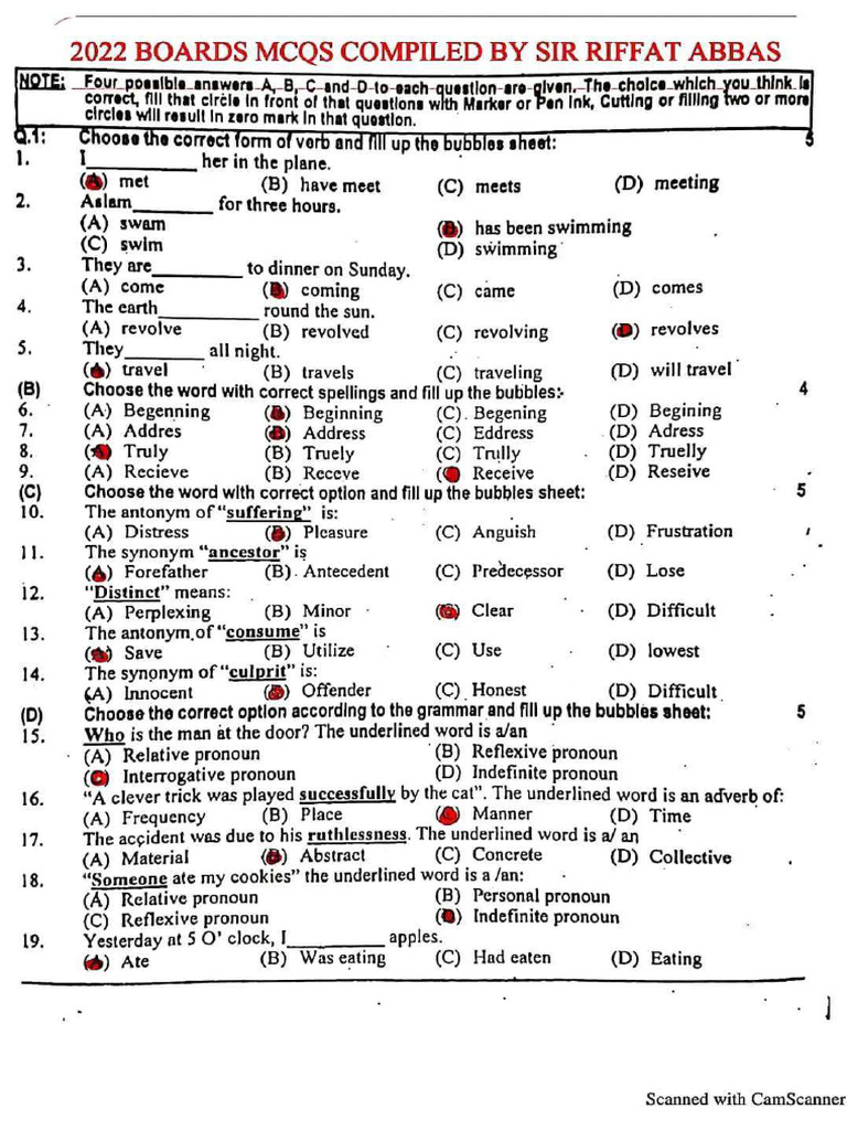 Class 10th Mcqs Past Papers Punjab Board | PDF