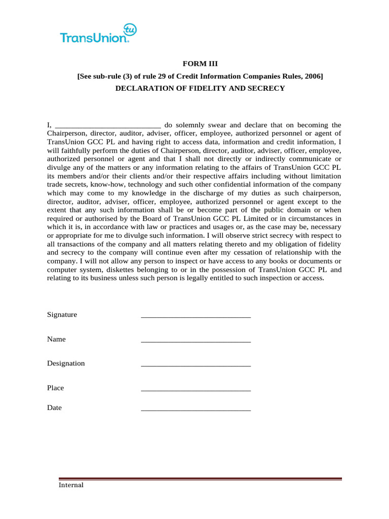 TU GTC Declaration of Fidelity and Secrecy (Form III) v.2 | PDF