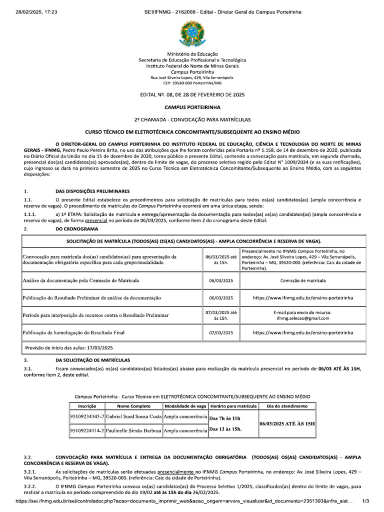 2 CHAMADA - CONVOCAÇÃO para Matrículas - Curso Técnico em Eletrotécnica ...