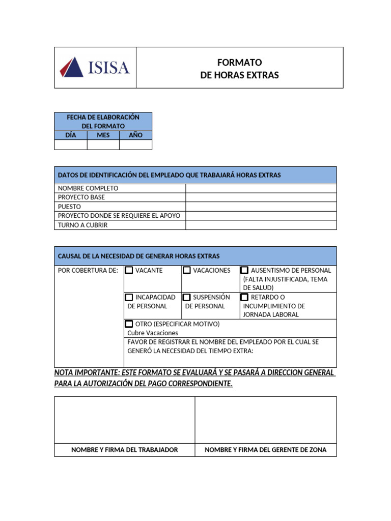 Formato Horas Extras | PDF