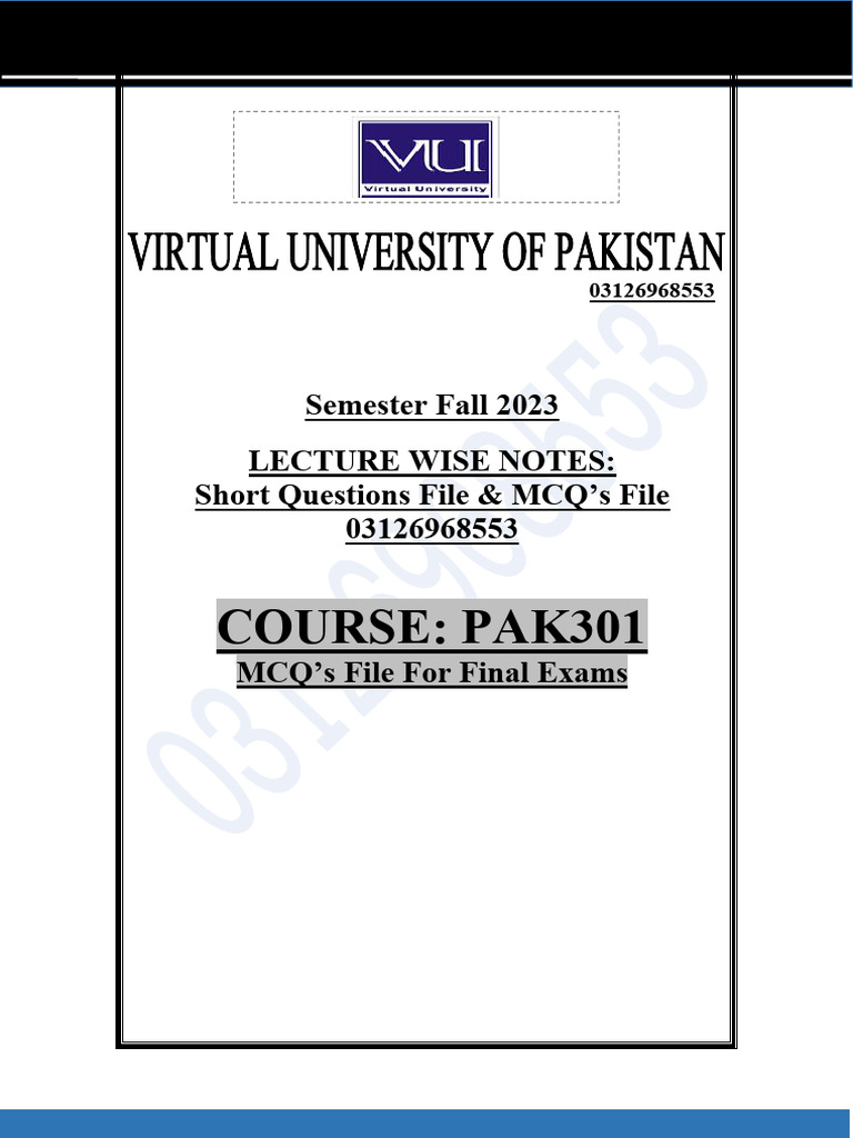 PAK301 (Lecture Wise MCQ's File For Final Exams) 03126968553 | PDF | Pakistan | Zulfikar Ali Bhutto