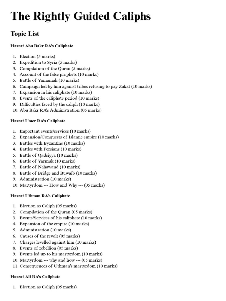 The Rightly Guided Caliphs(topic list) | PDF