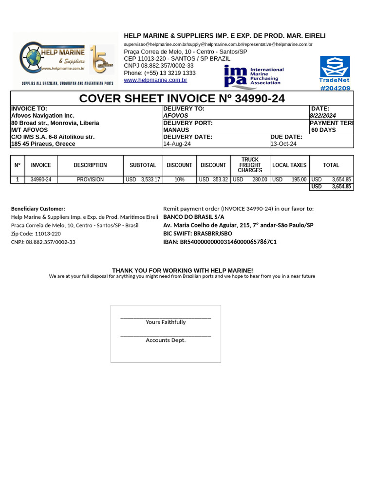Cover Sheet Invoice 34990-24 - Afovos | PDF | Brazil | Banking
