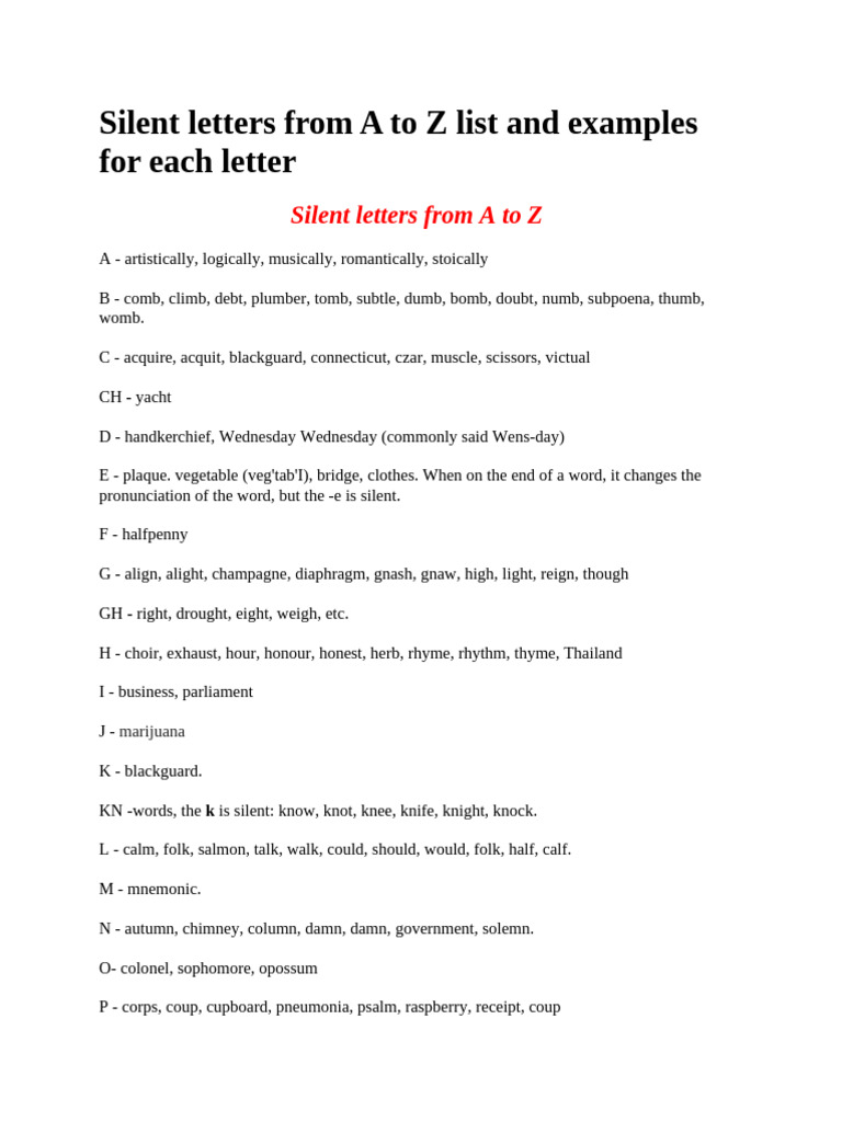 A to Z Silent Letters List with Examples | PDF