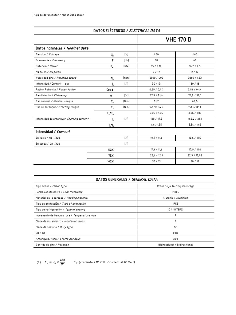 VHE 170 D Motor Data Sheet 400-460 | PDF | Cantidades fisicas | Cantidad