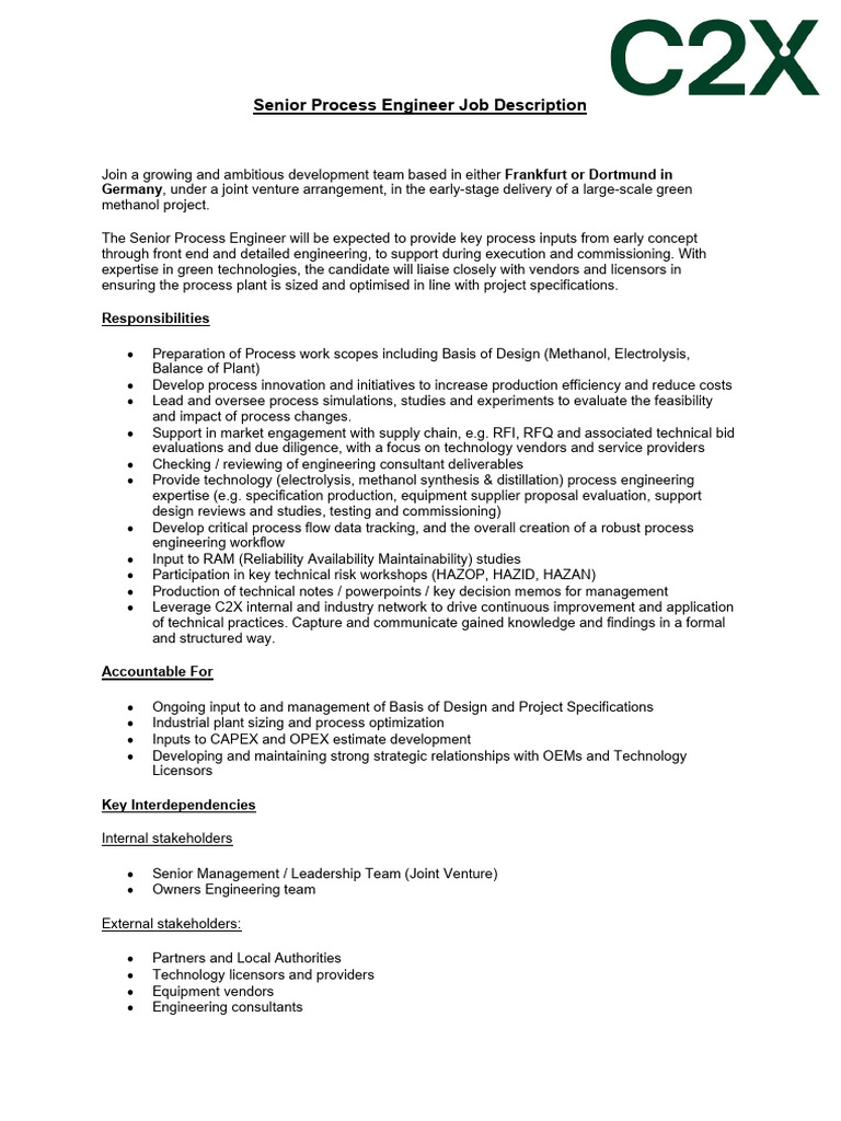 Senior Process Engineer Job Description - Germany | PDF | Engineering ...