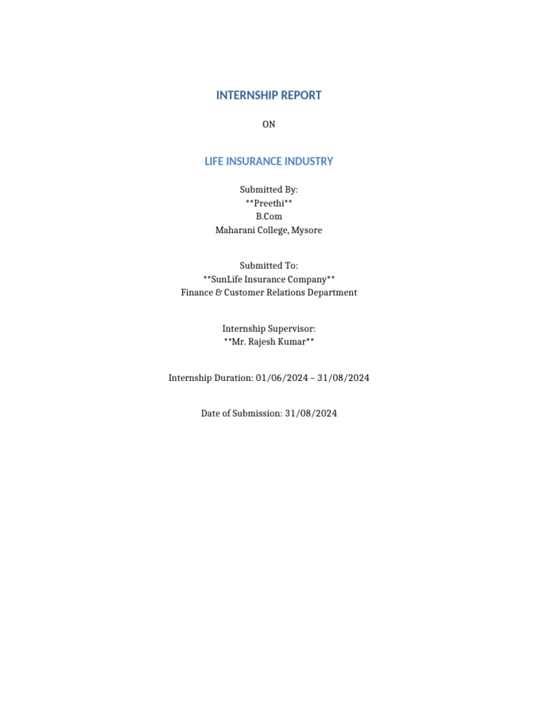 BCom Internship Report Preethi Expanded-1 | PDF | Insurance | Life ...