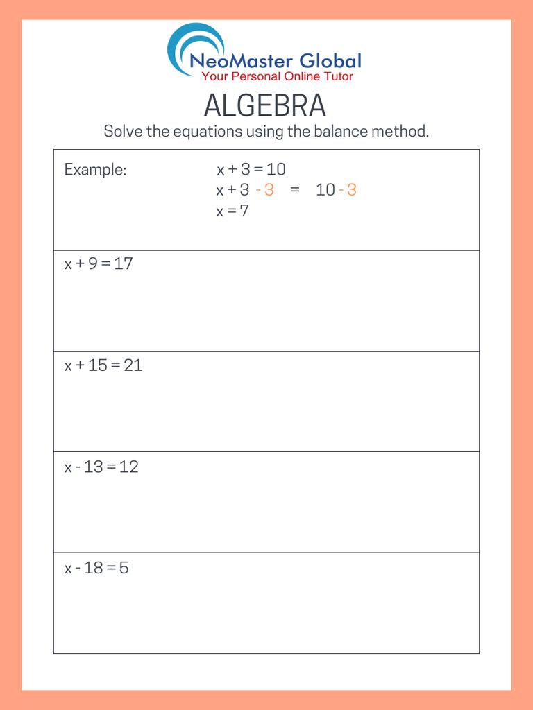 Algebra Equations Using Balance Method Worksheet | PDF