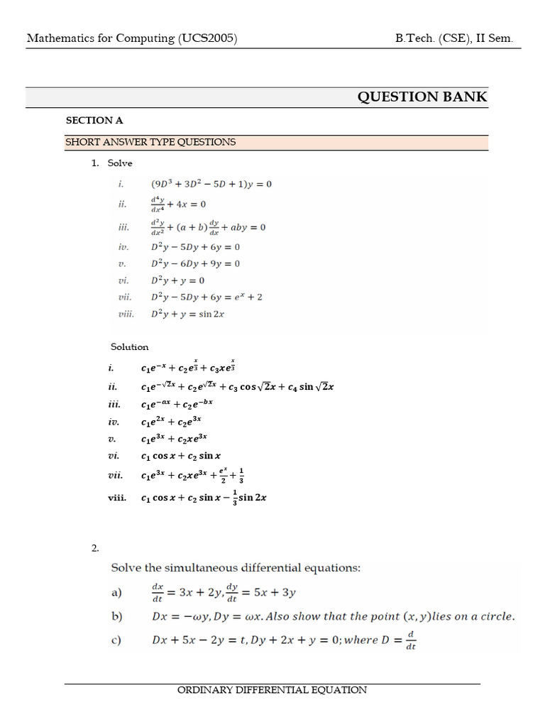 QUESTION BANK For Unit 1 Maths For Computing Updated | PDF | Equations ...