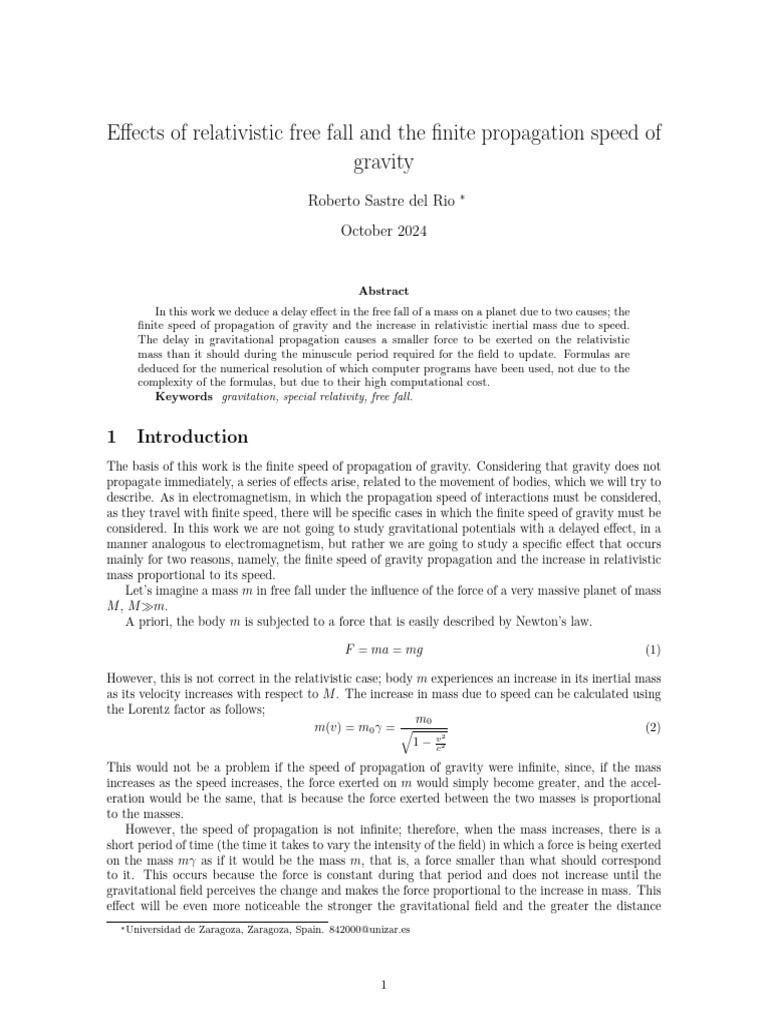 Effects Of Relativity And The Finite Propagation Speed Of Gravity Pdf Force Mass