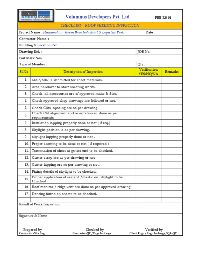 8.PEB - Roof Sheet Checklist | PDF