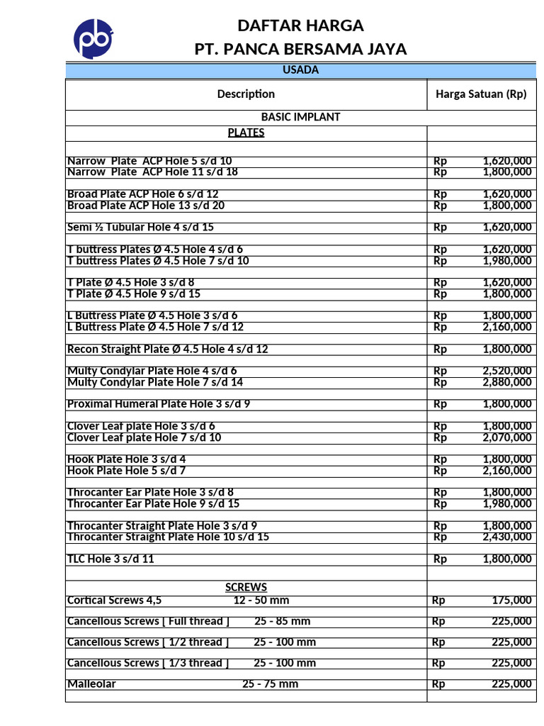 Daftar Harga Rs Usada (Usada) | PDF | Screw | Equipment